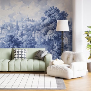 Classic French Countryside Landscape Mural, Blue Monochrome Scenic ...