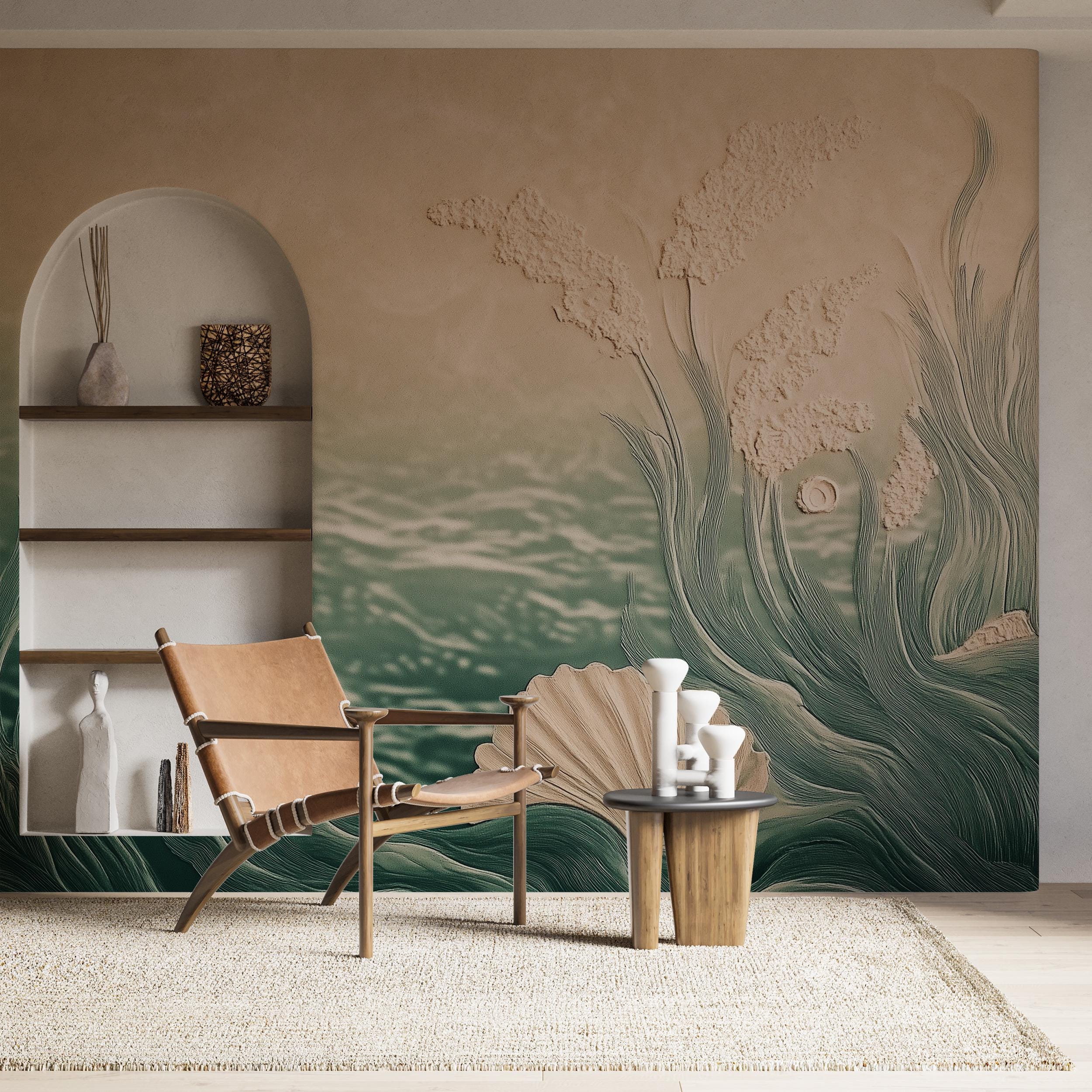 Muted Teal and Beige Underwater Mural, Abstract Nautical Wallpaper ...