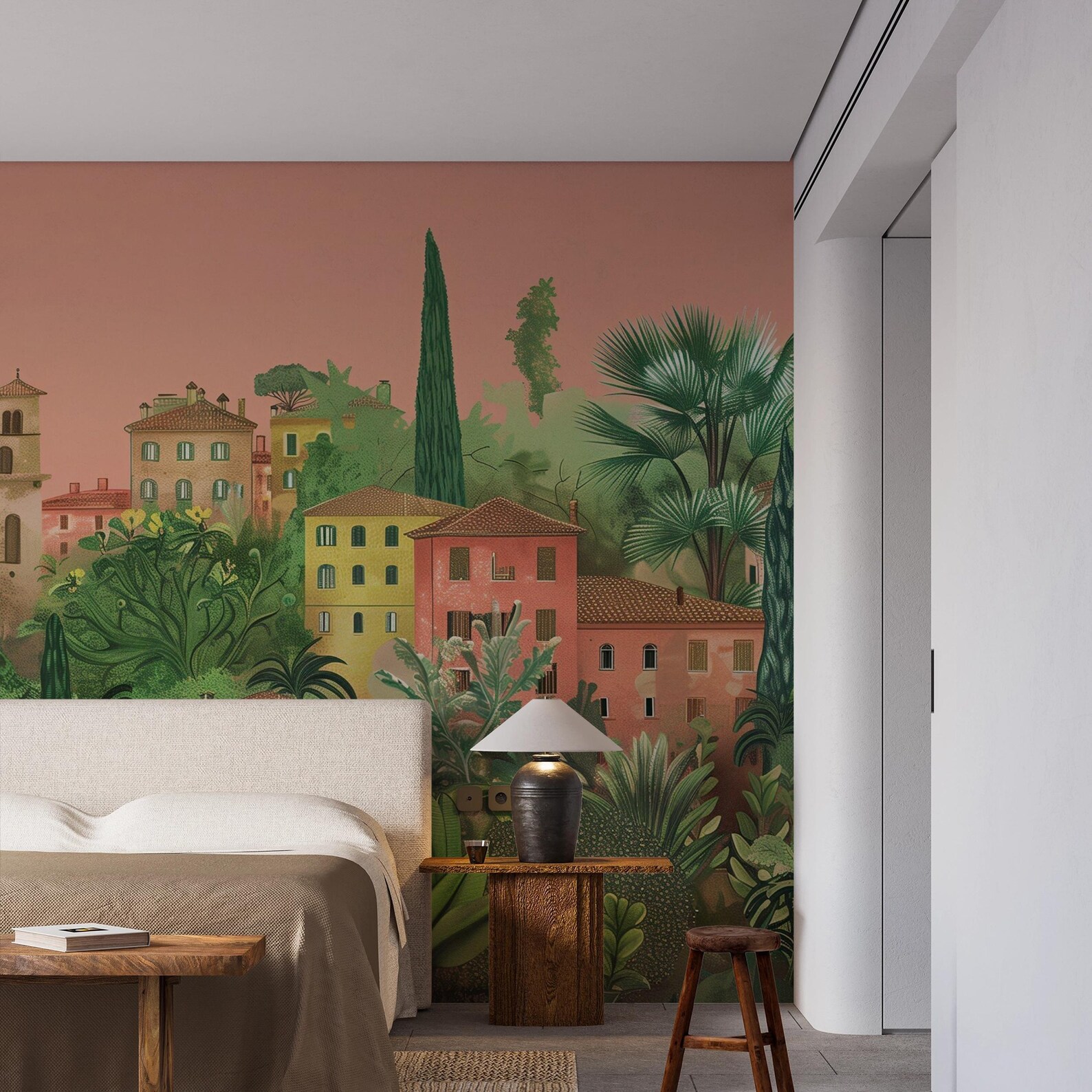 Colorful Italian City Mural, Old Town and Lush Garden Wallpaper, Peach ...