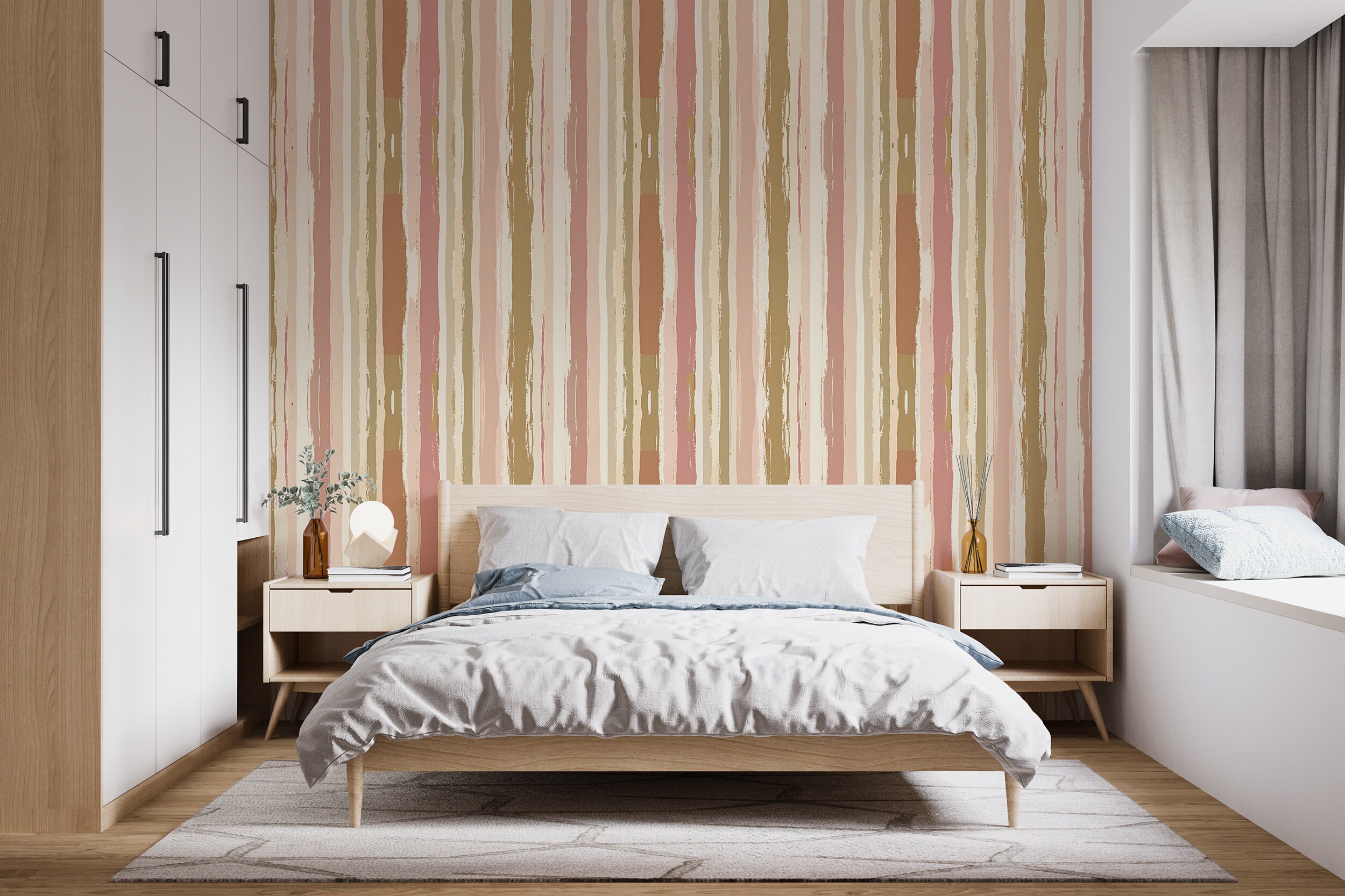 Ragged Vertical Striped Wallpaper in Beige and Soft Pink Colors, Peel ...