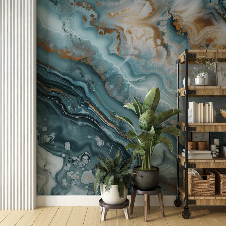Aquamarine Marble Wall Mural, Blue Stone Wallpaper, Peel and Stick Mint ...
