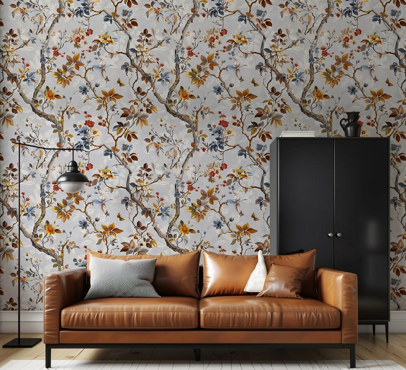 Fall Botanical Wallpaper, Grey Floral Wallpaper, Peel and Stick Tree ...