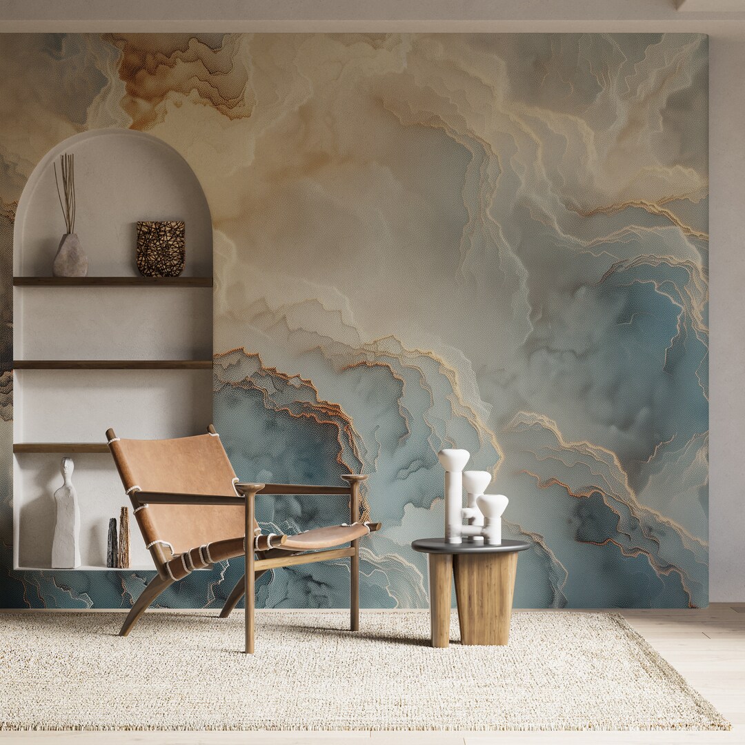 Blue Beige and Gold Marble Mural, Leather Style Texture Marble ...
