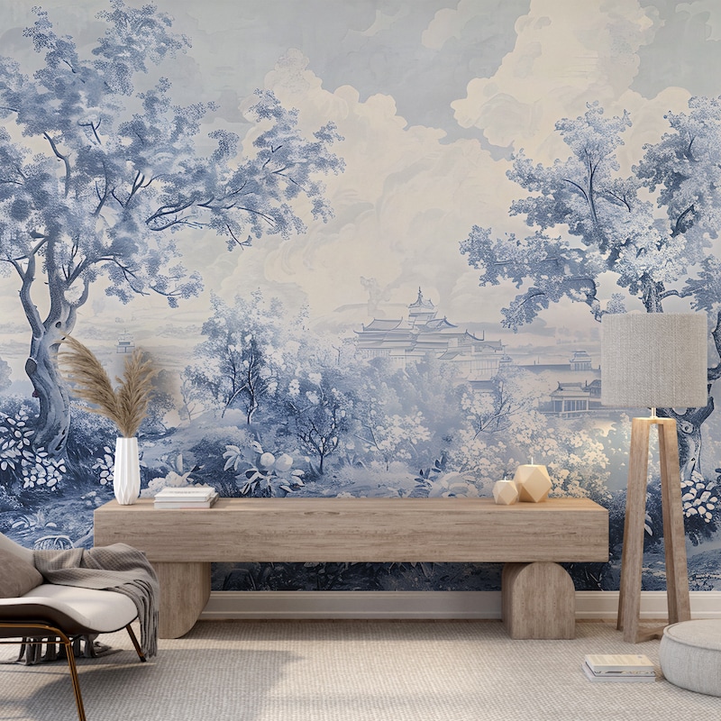 Blue Toile Wallpaper - Etsy