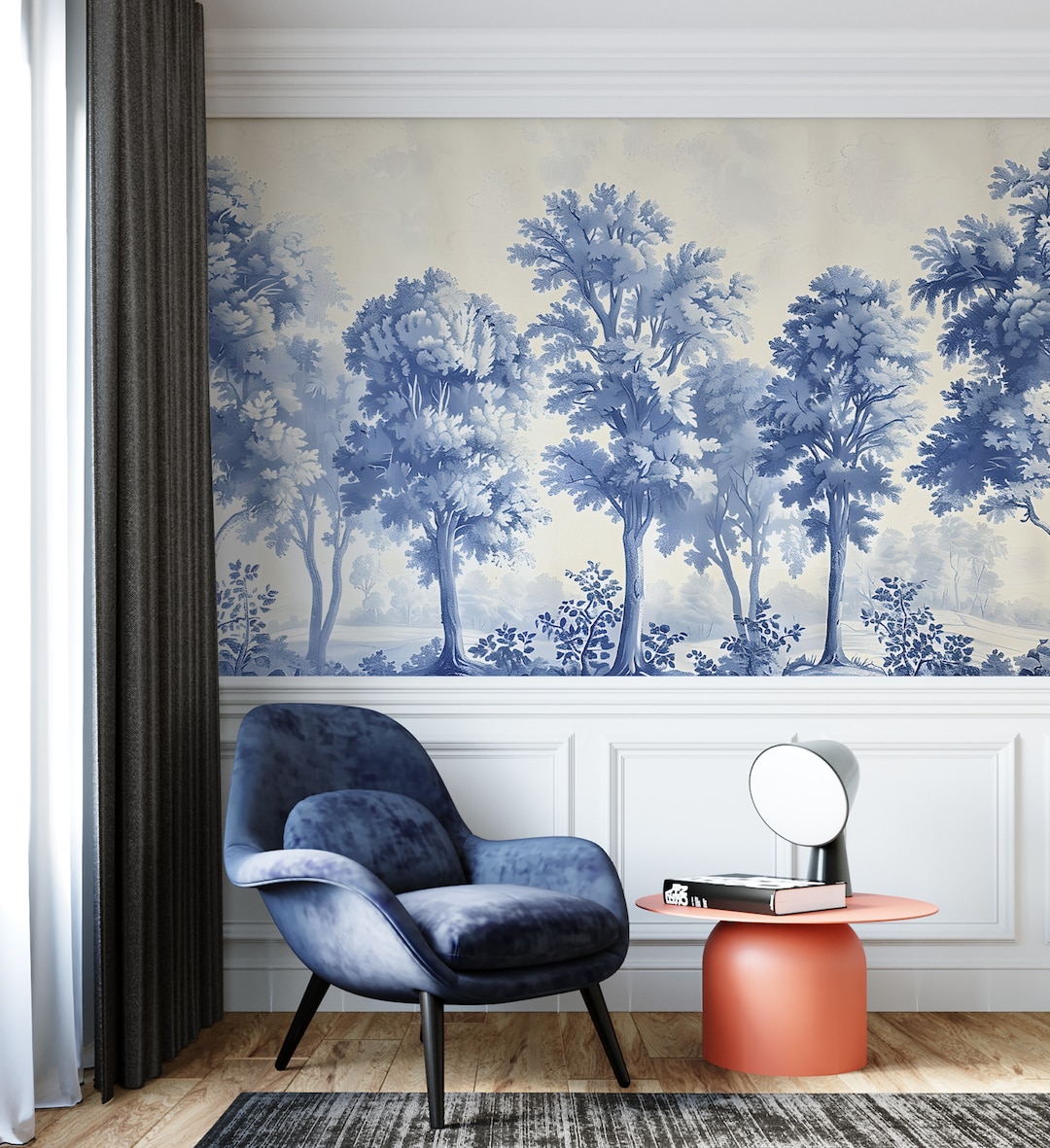 Toile De Jouy Style Mural, Blue Monochrome Trees Wallpaper, Classic ...