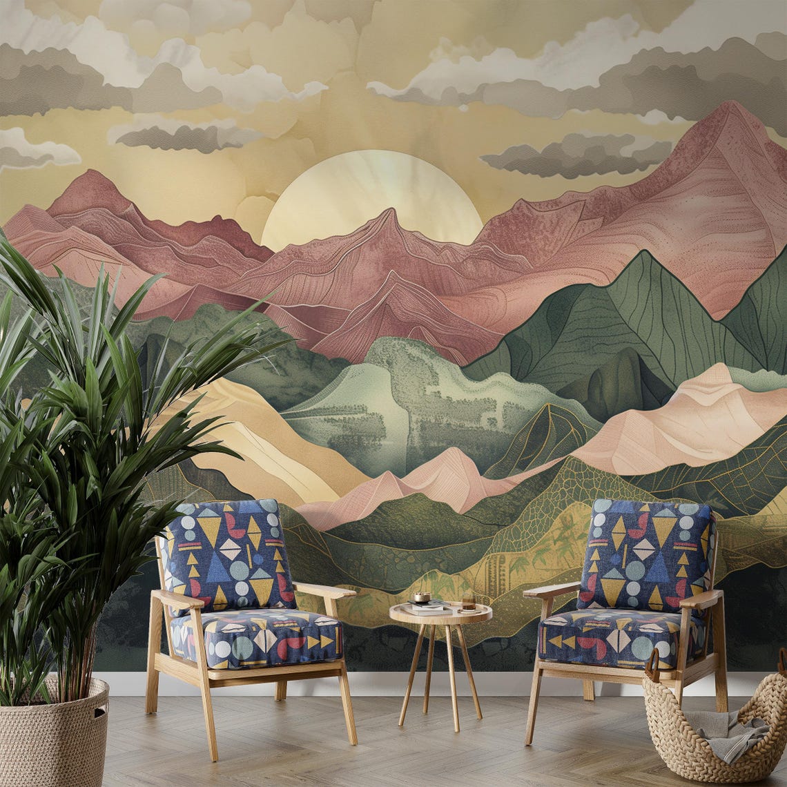 Colorful Mountains Mural, Peel and Stick Abstract Mountain Wallpaper ...