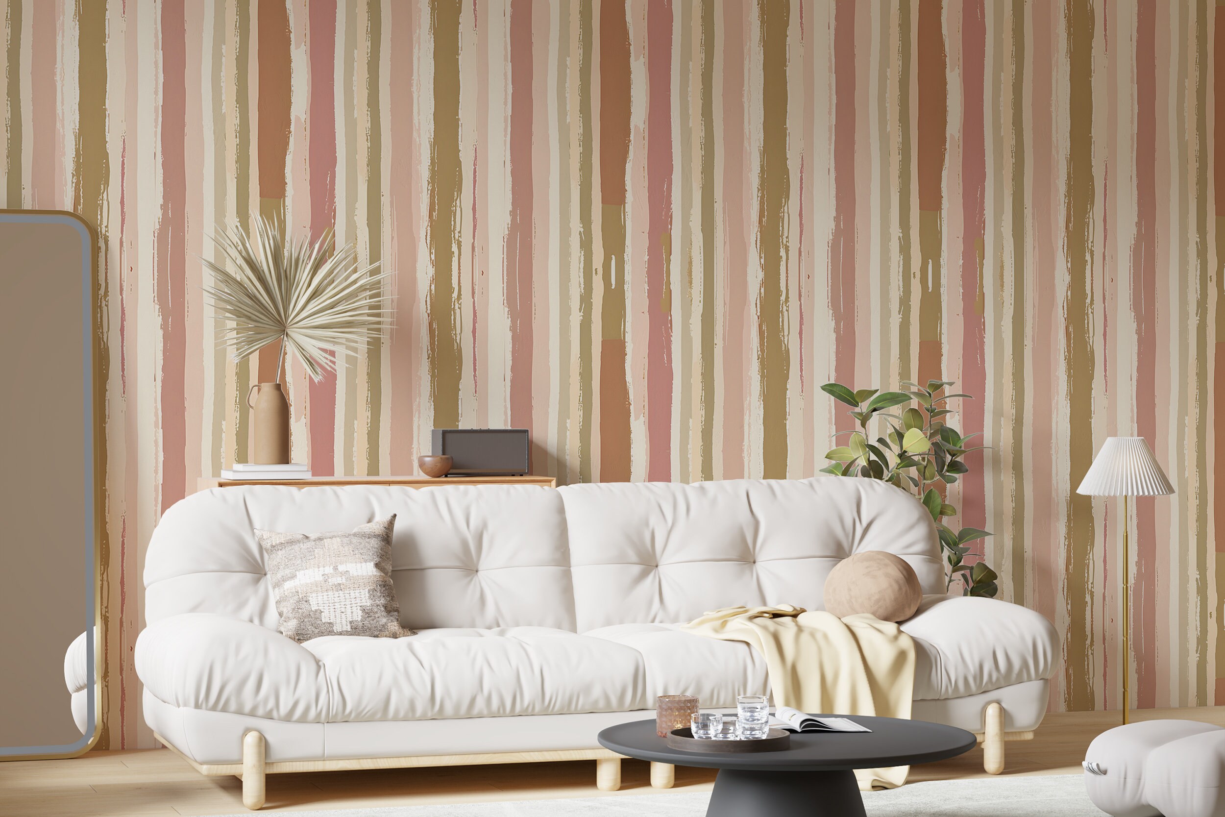 Ragged Vertical Striped Wallpaper in Beige and Soft Pink Colors, Peel ...