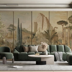 Ancient Vintage Landscape in Old Panels Style Mural, Old Greek Ruins ...