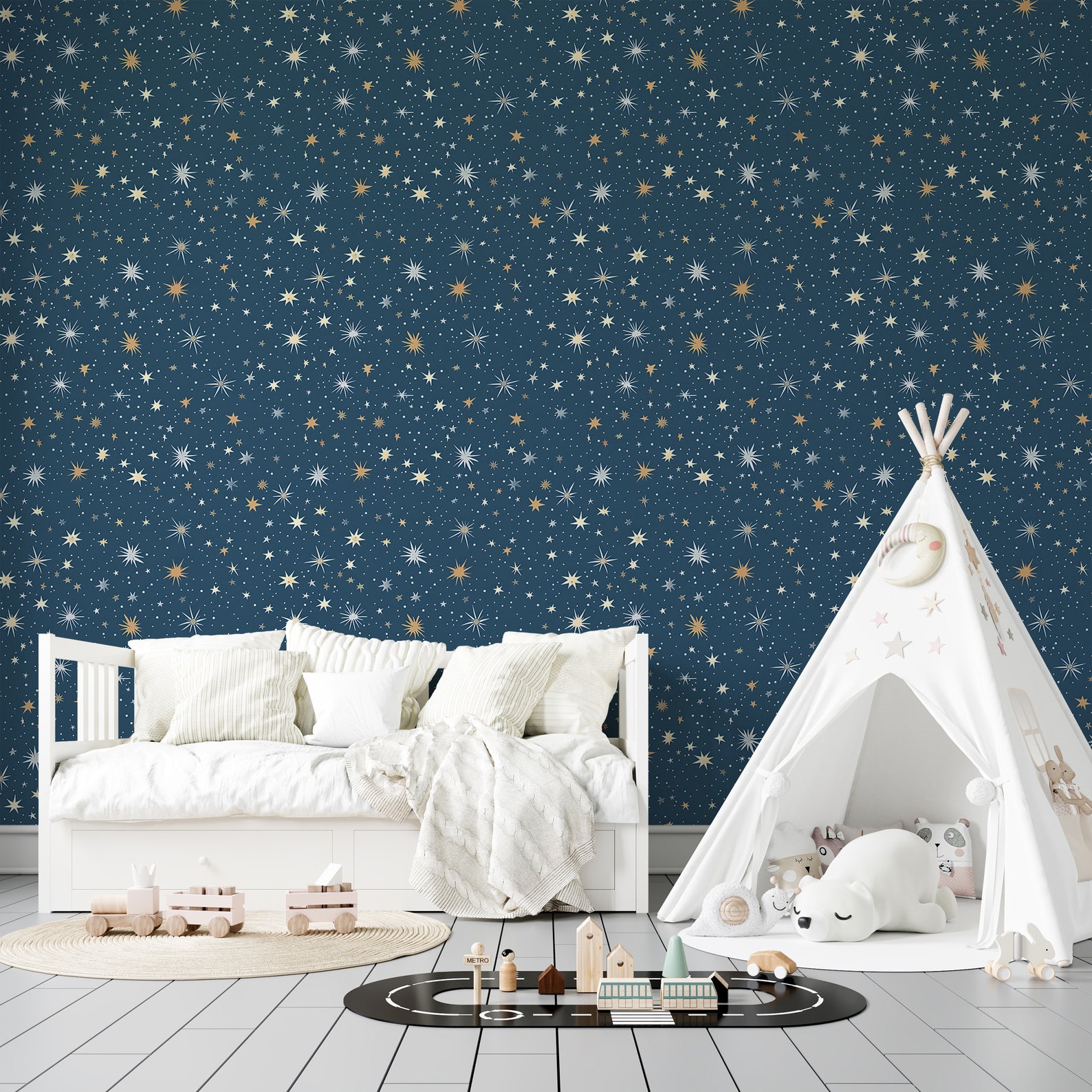 Starry Night Wallpaper, White and Golden Stars Wall Decor, Stars in the ...