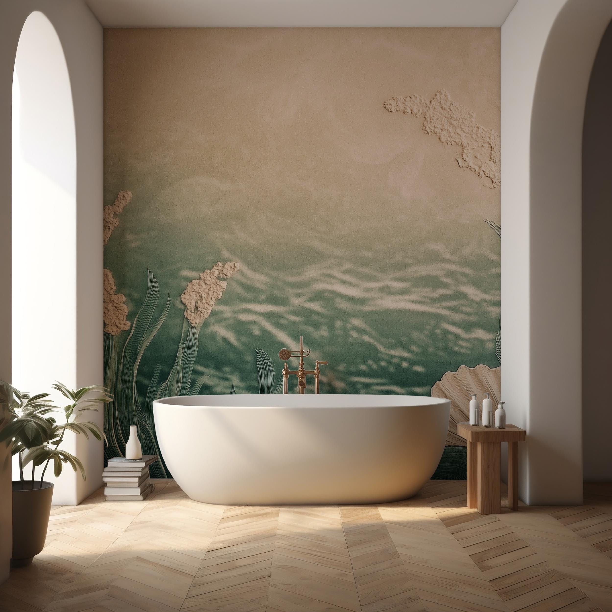 Muted Teal and Beige Underwater Mural, Abstract Nautical Wallpaper ...