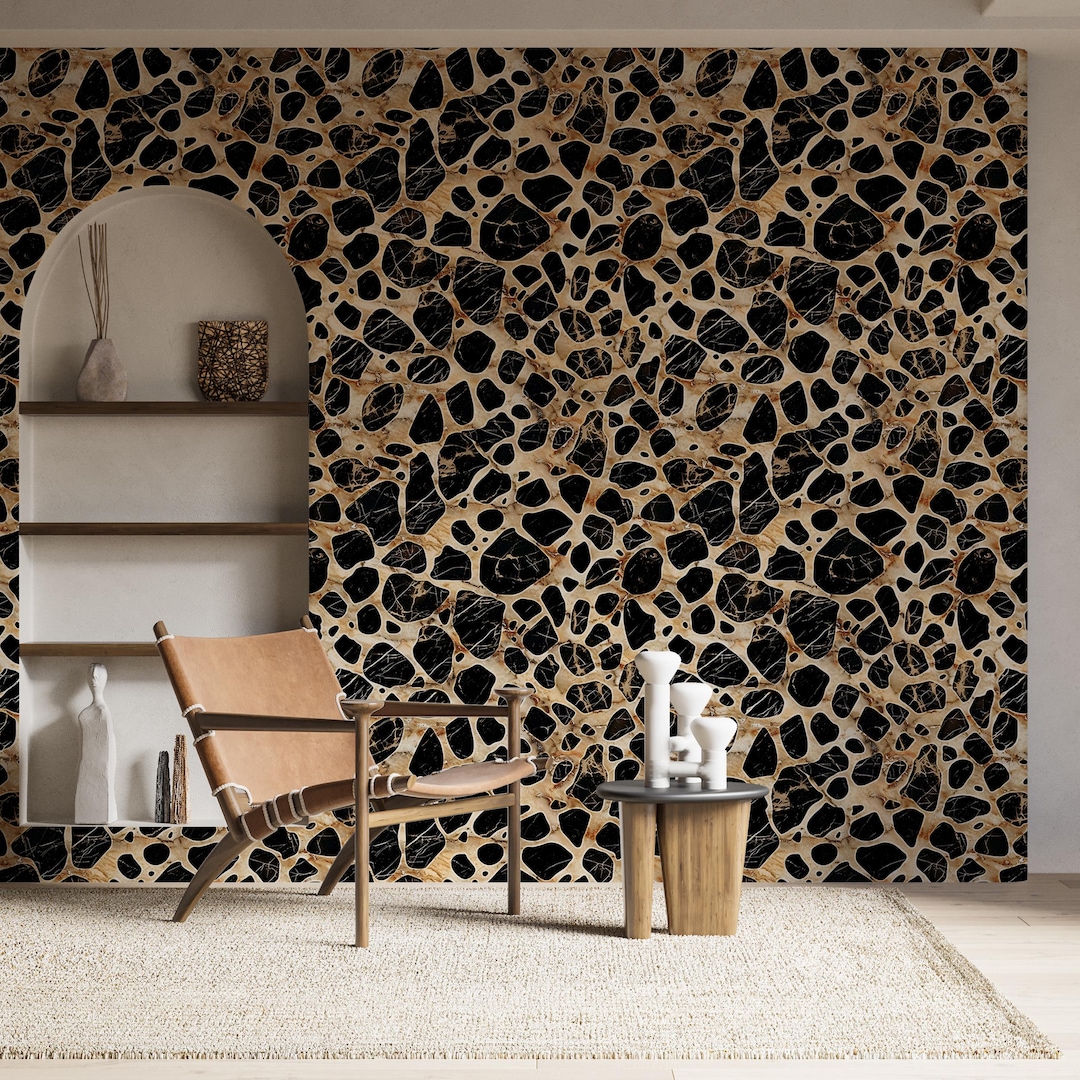 Abstract Leopard Print Wallpaper, Black and Beige Marble Texture Animal ...