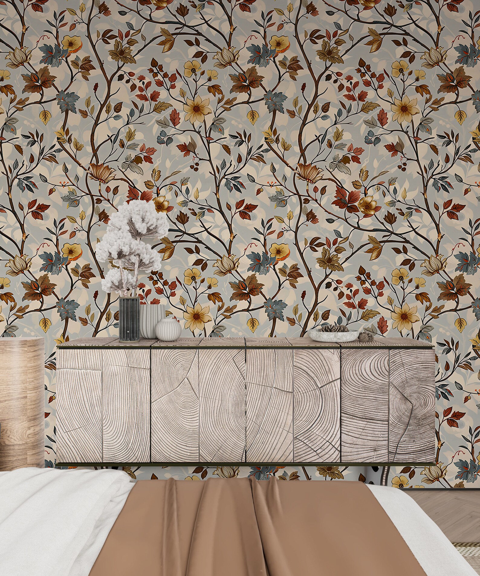 Autumn Floral Wallpaper, Colorful Flowers and Leaves Wallpaper, Peel ...
