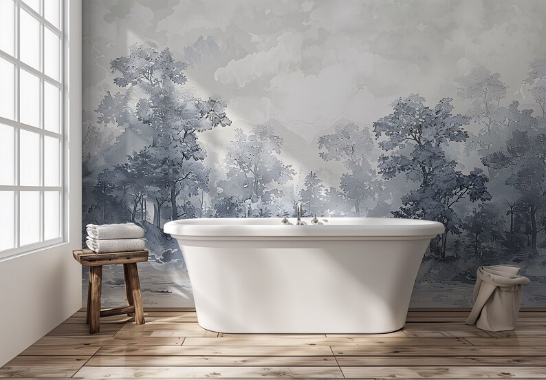 Watercolor Grey Forest Wallpaper, Monochrome Trees Mural, Peel and ...