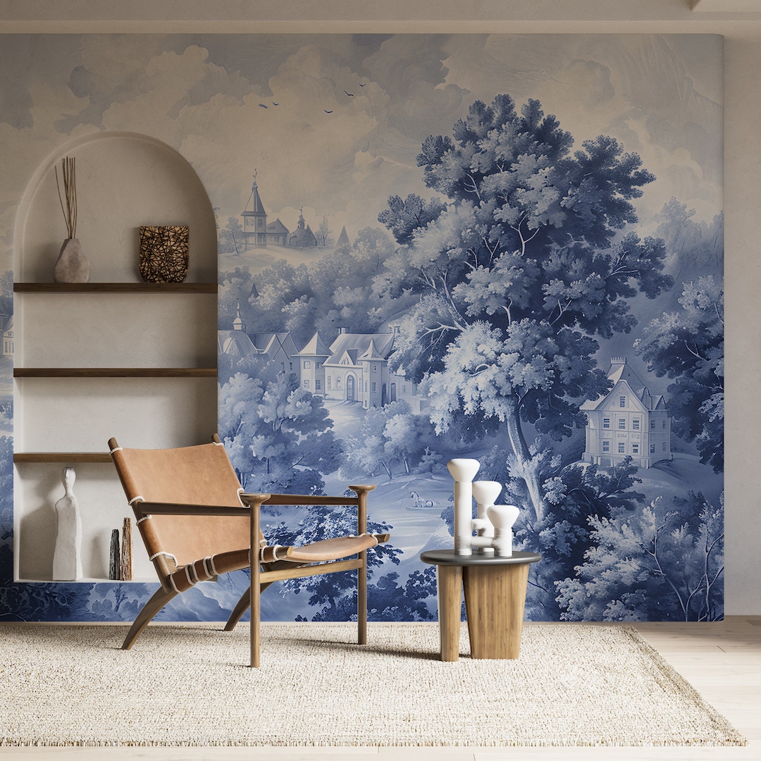 Classic French Countryside Landscape Mural, Blue Monochrome Scenic ...