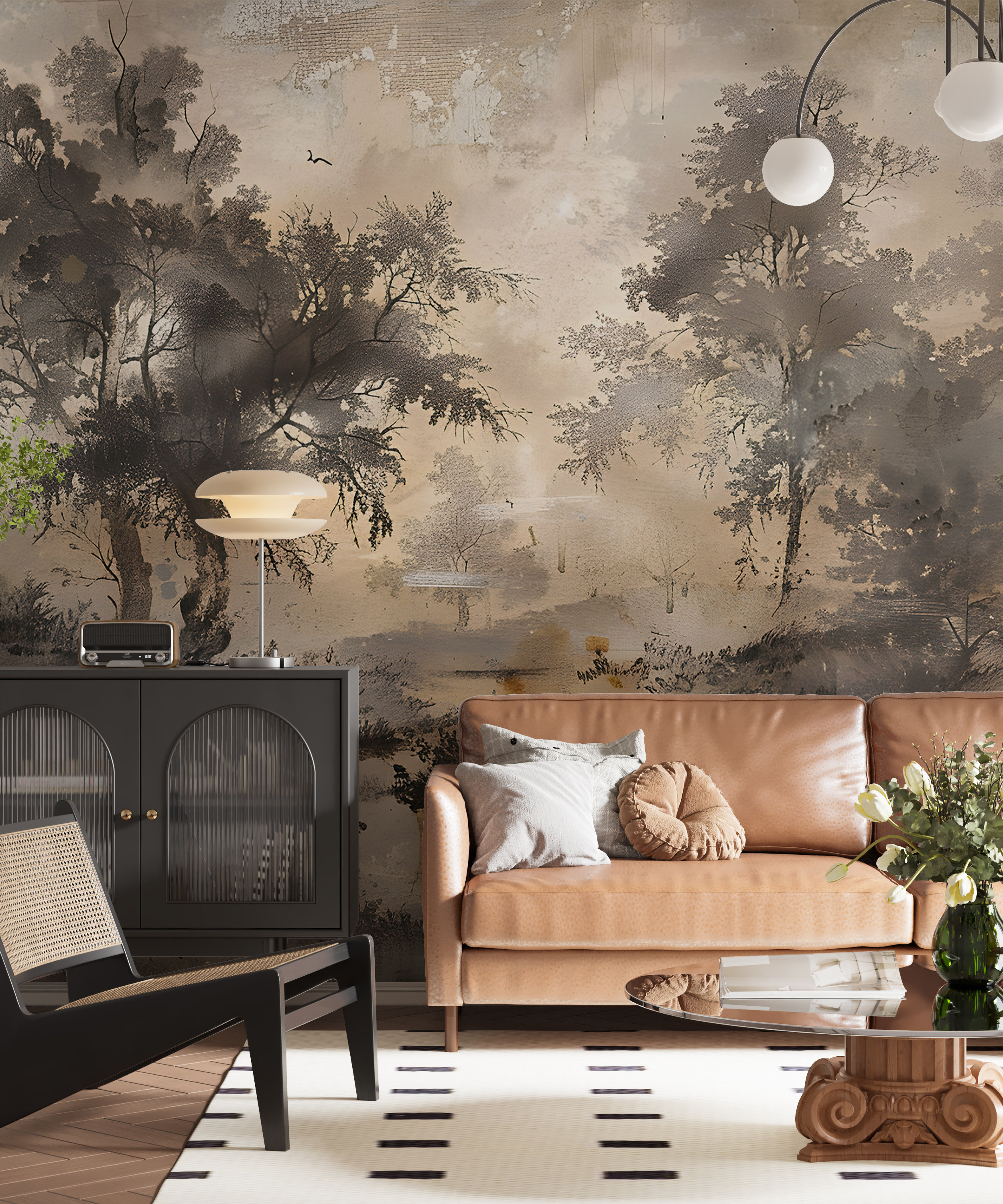 Watercolor Trees Vintage Style Mural, Rustic Forest Wallpaper, Old ...