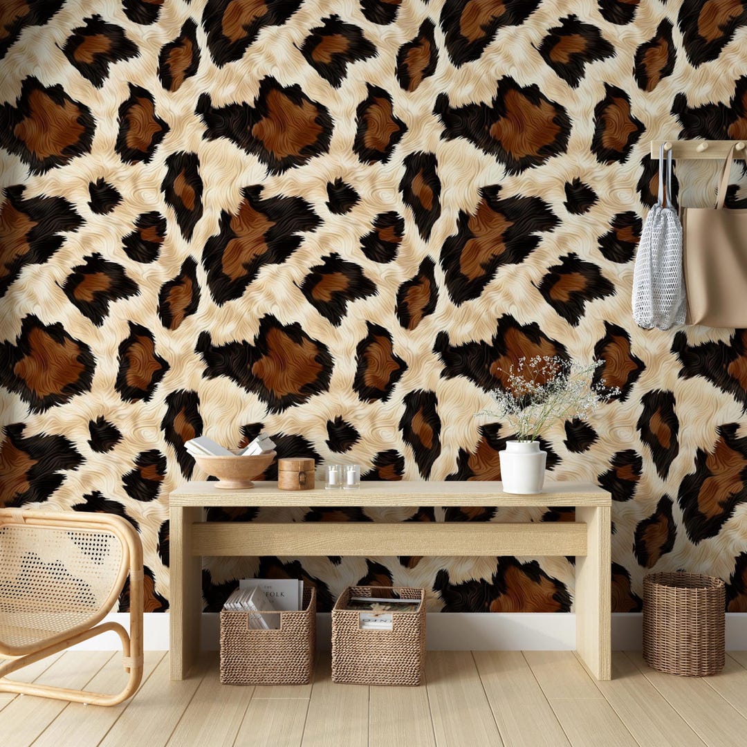 Beige and Brown Cow Print Wallpaper, Animal Skin Pattern Wall Decor ...