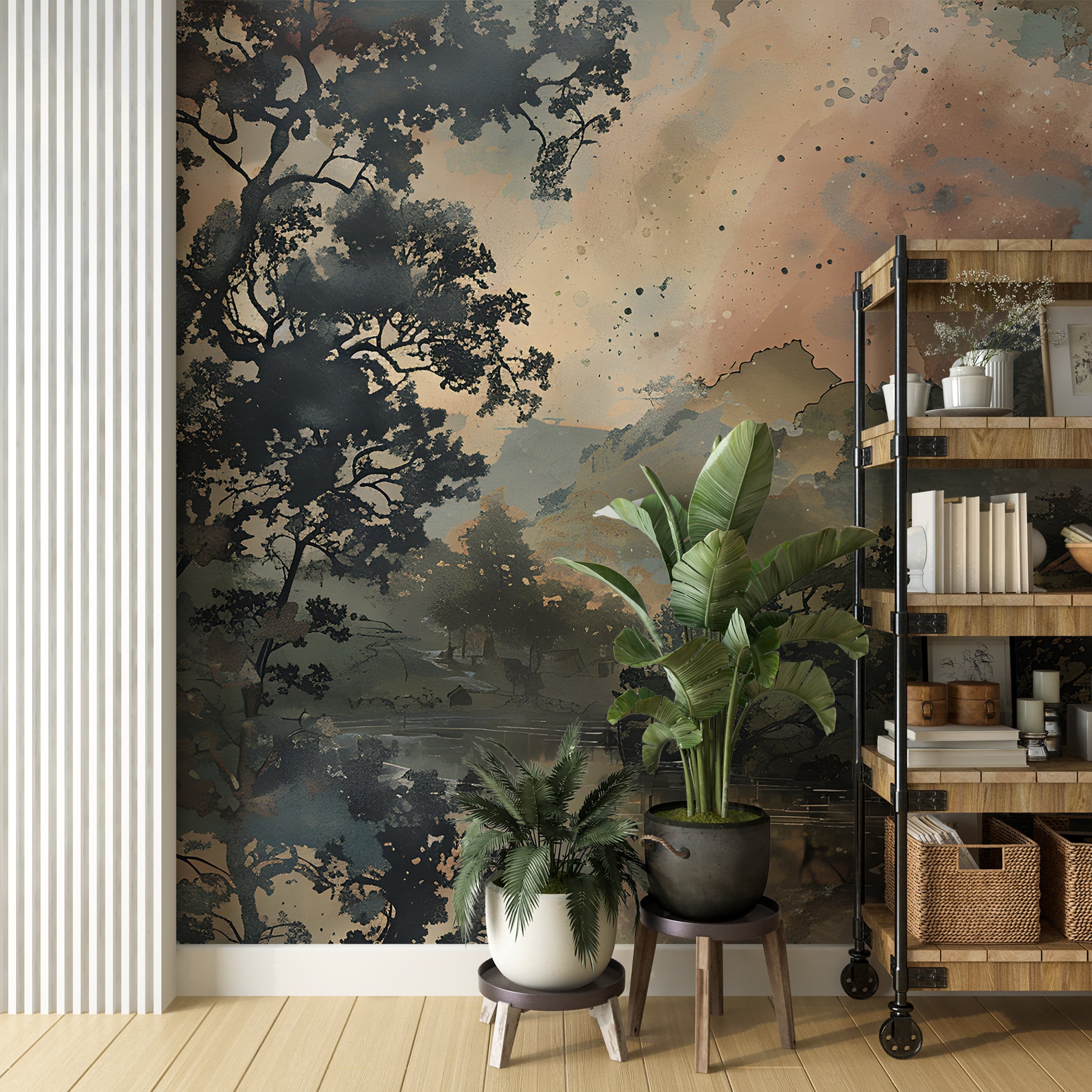 Riverside House Watercolor Wallpaper, Vintage Forest Classic Wallpaper ...