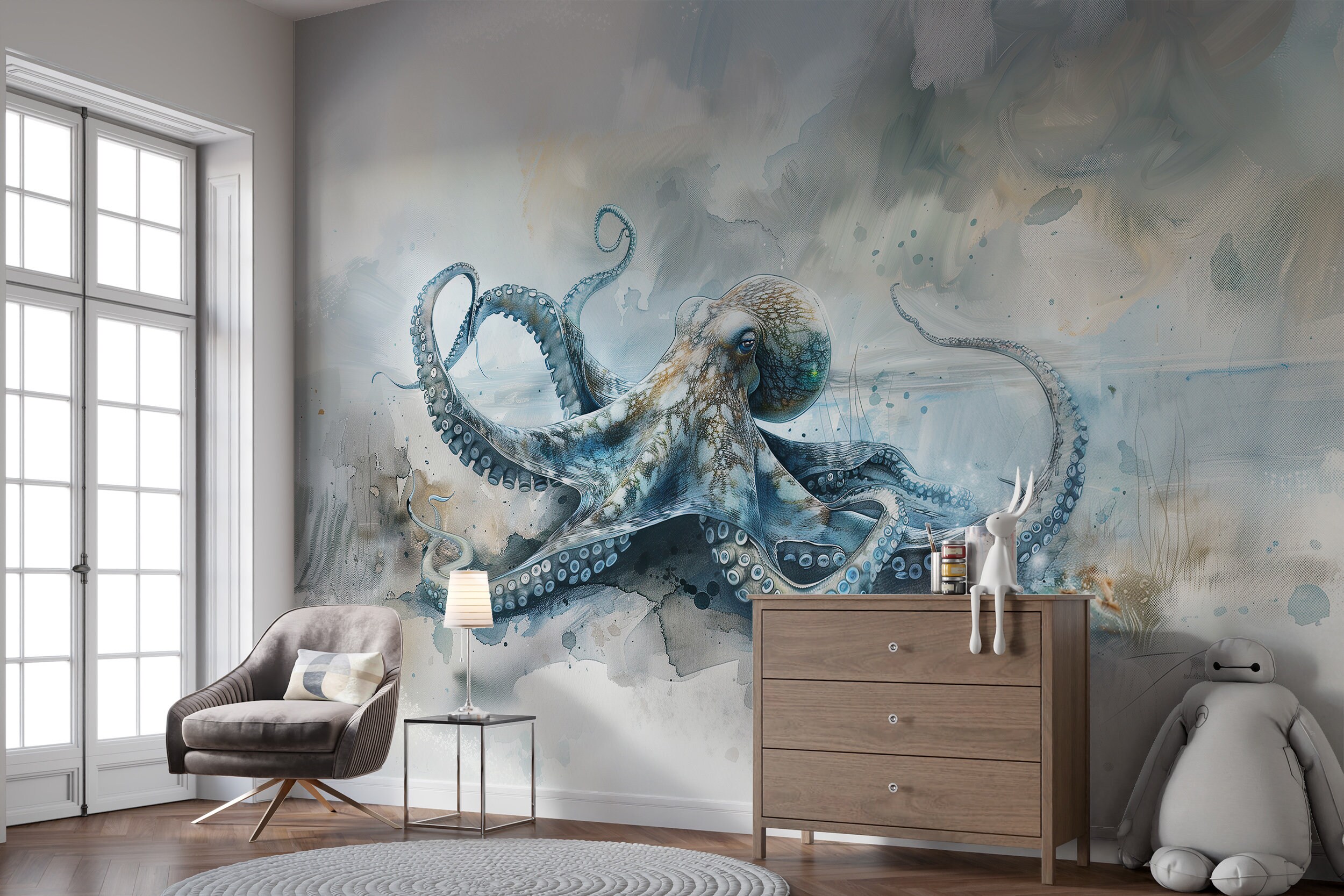 Octopus Wall Mural, Watercolor Giant Octopus Wallpaper, Underwater Life ...