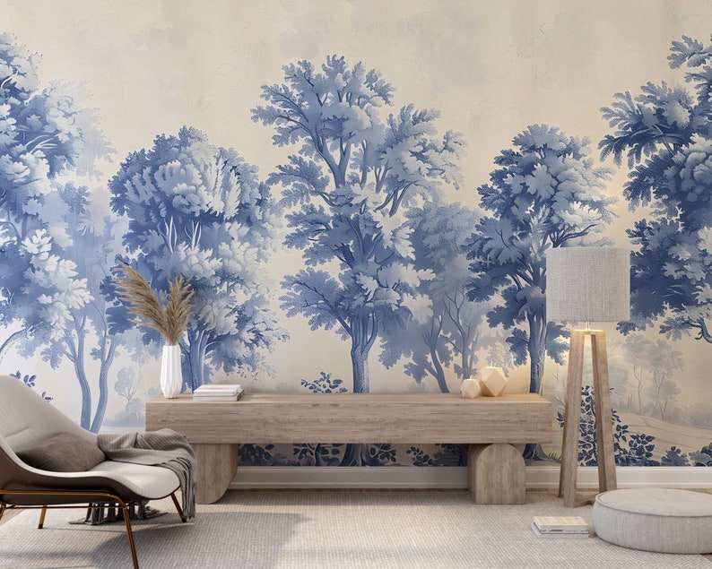 Toile De Jouy Style Mural, Blue Monochrome Trees Wallpaper, Classic ...