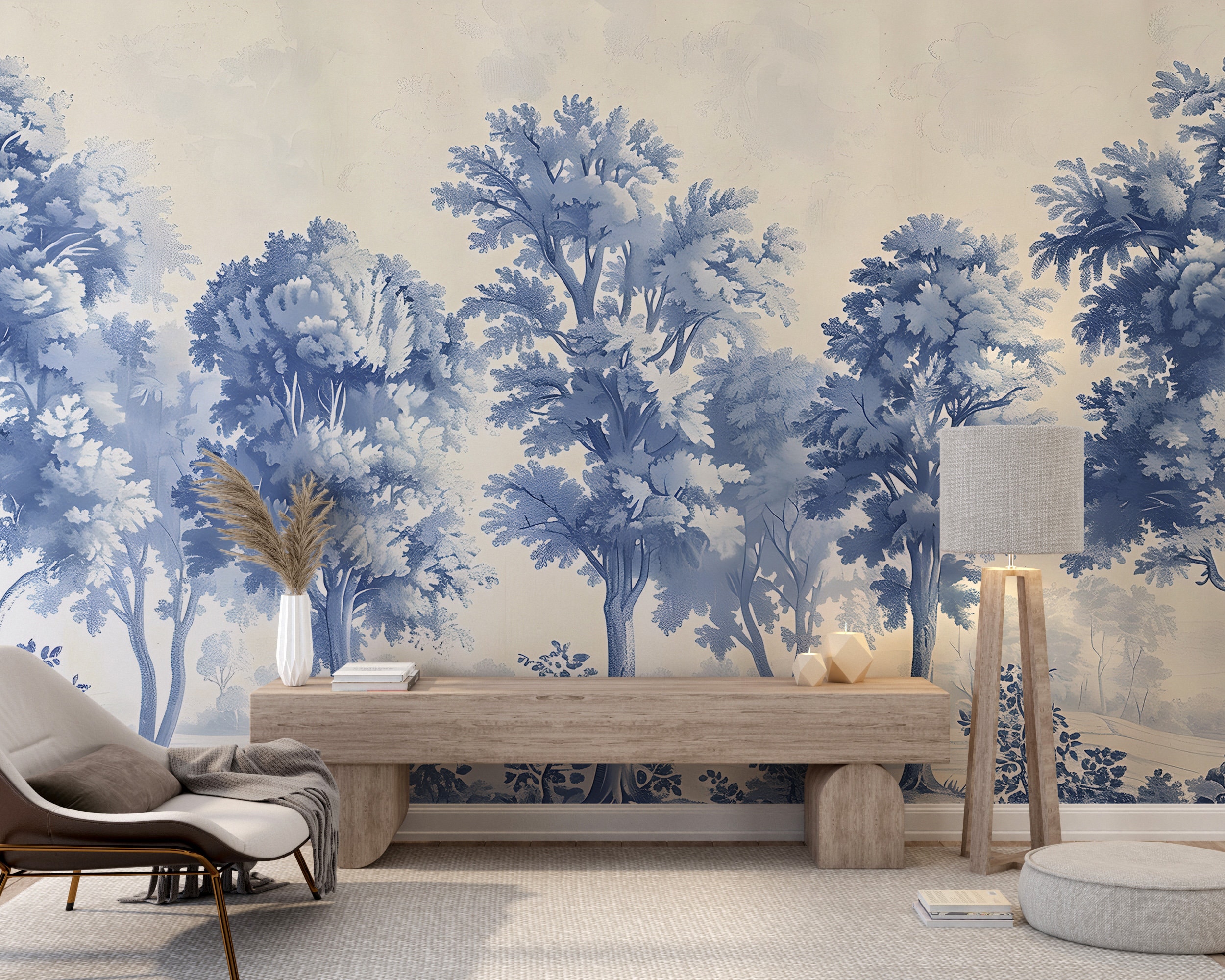 Toile De Jouy Style Mural, Blue Monochrome Trees Wallpaper, Classic ...