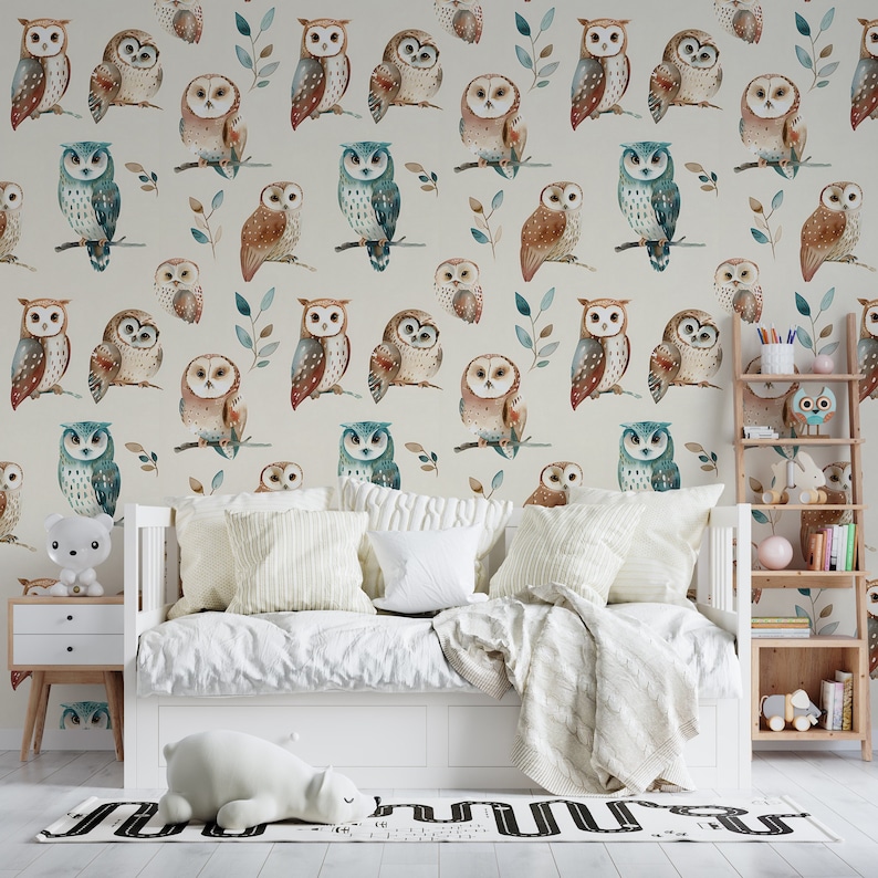 Watercolor Owls Mural, Nursery Owl Wallpaper, Peel and Stick Pastel ...