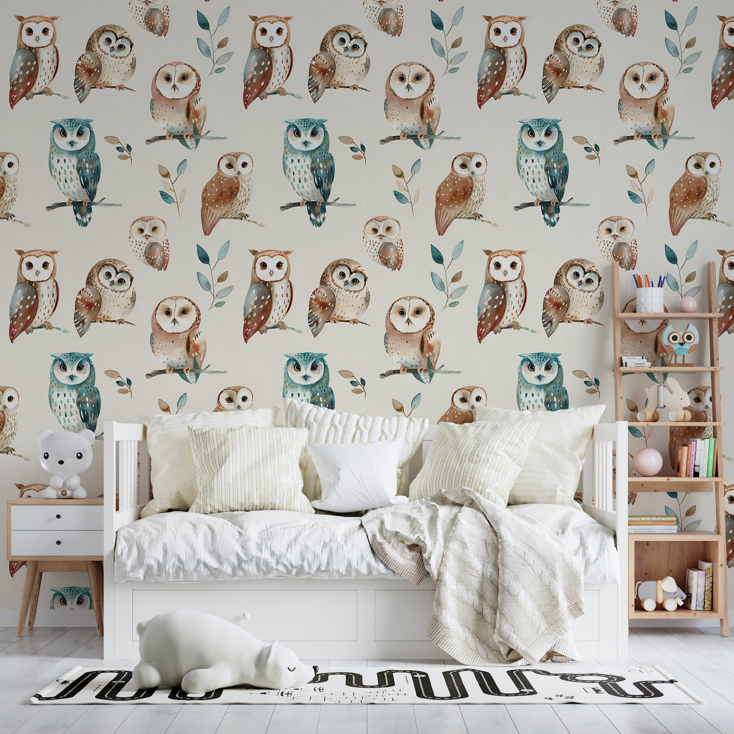 Watercolor Owls Mural, Nursery Owl Wallpaper, Peel and Stick Pastel ...