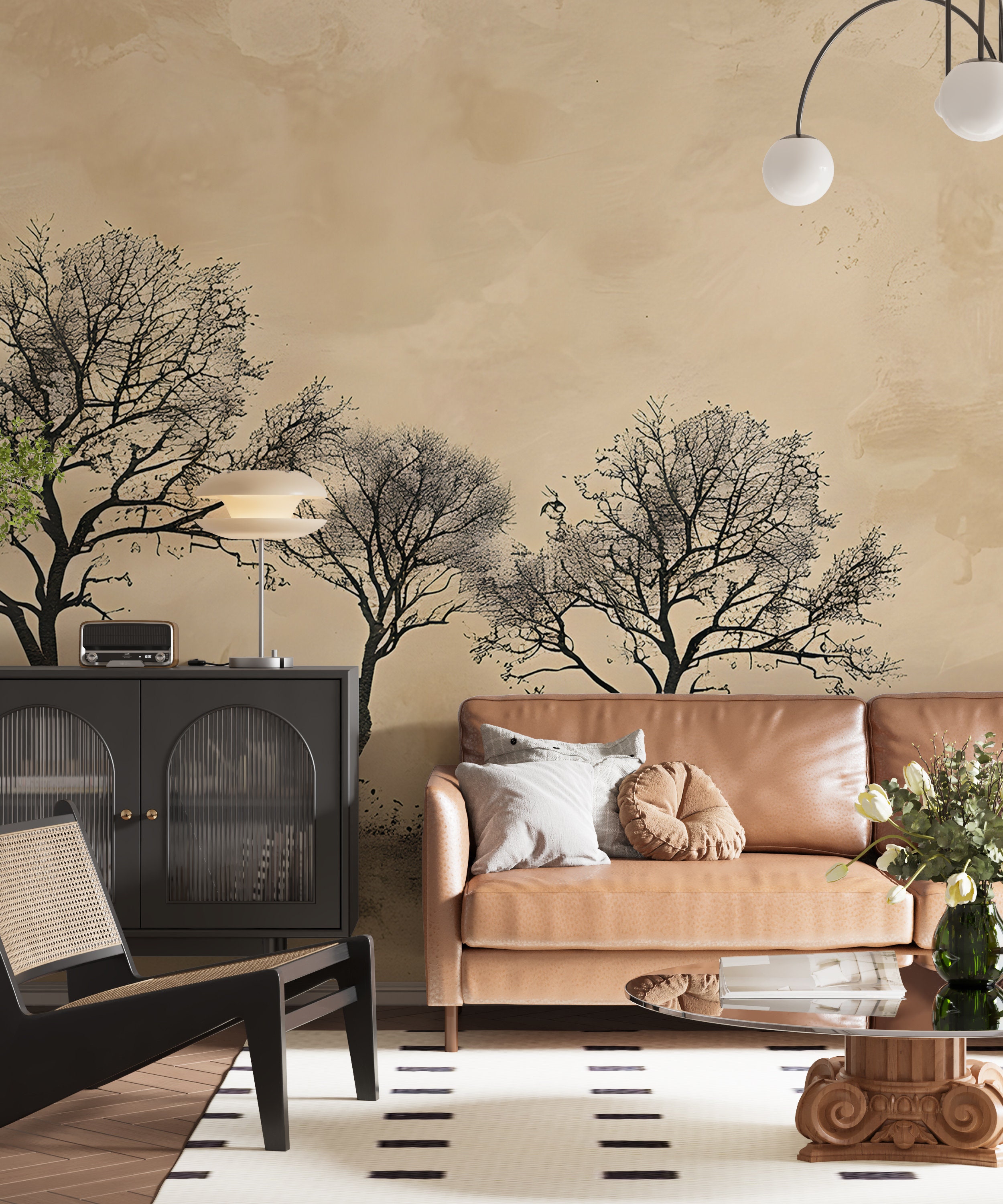 Trees on Beige Background Mural, Beige Decorative Plaster Wallpaper ...