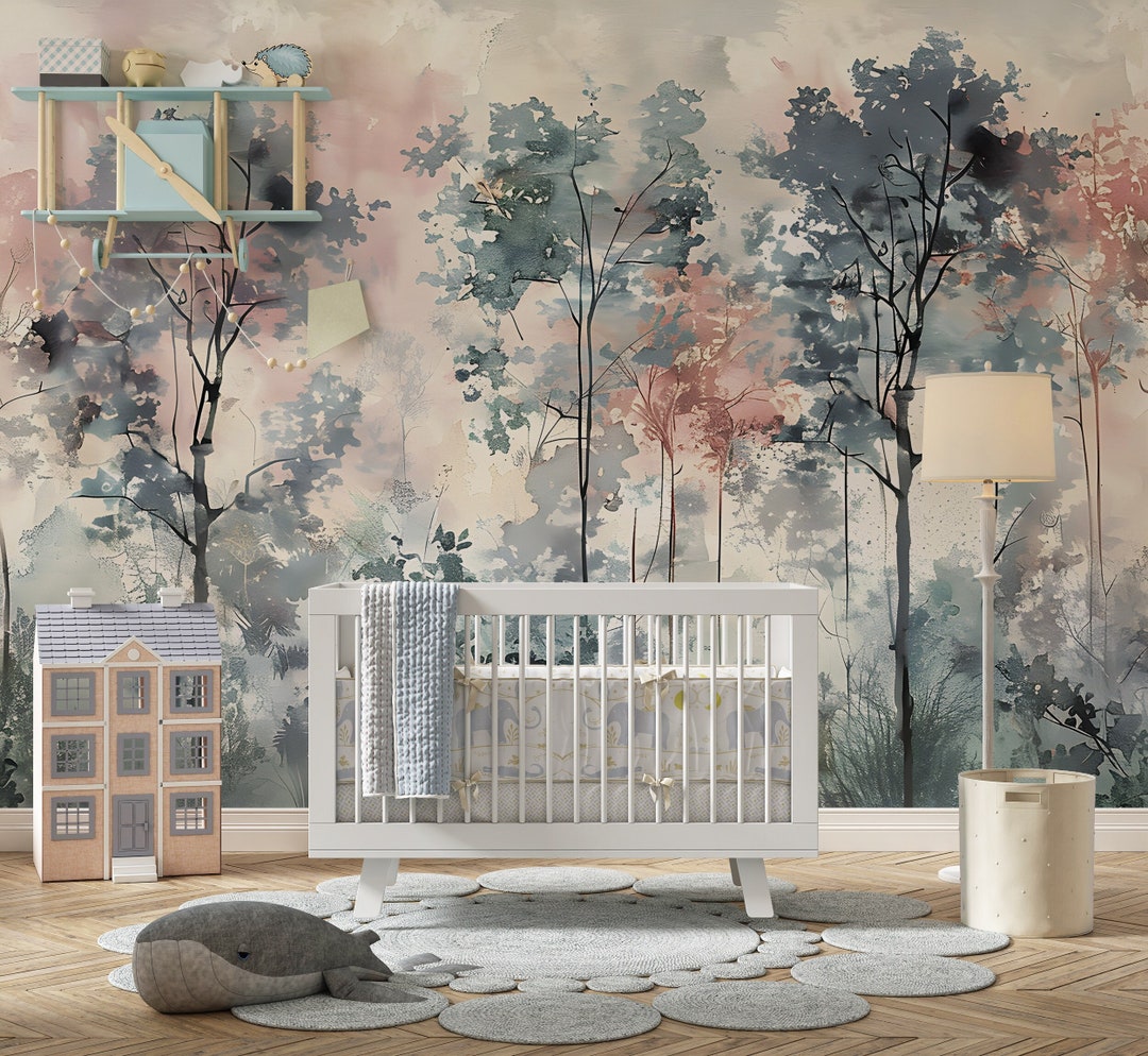 Watercolor Forest Wall Mural, Peel and Stick Colorful Trees Wallpaper ...