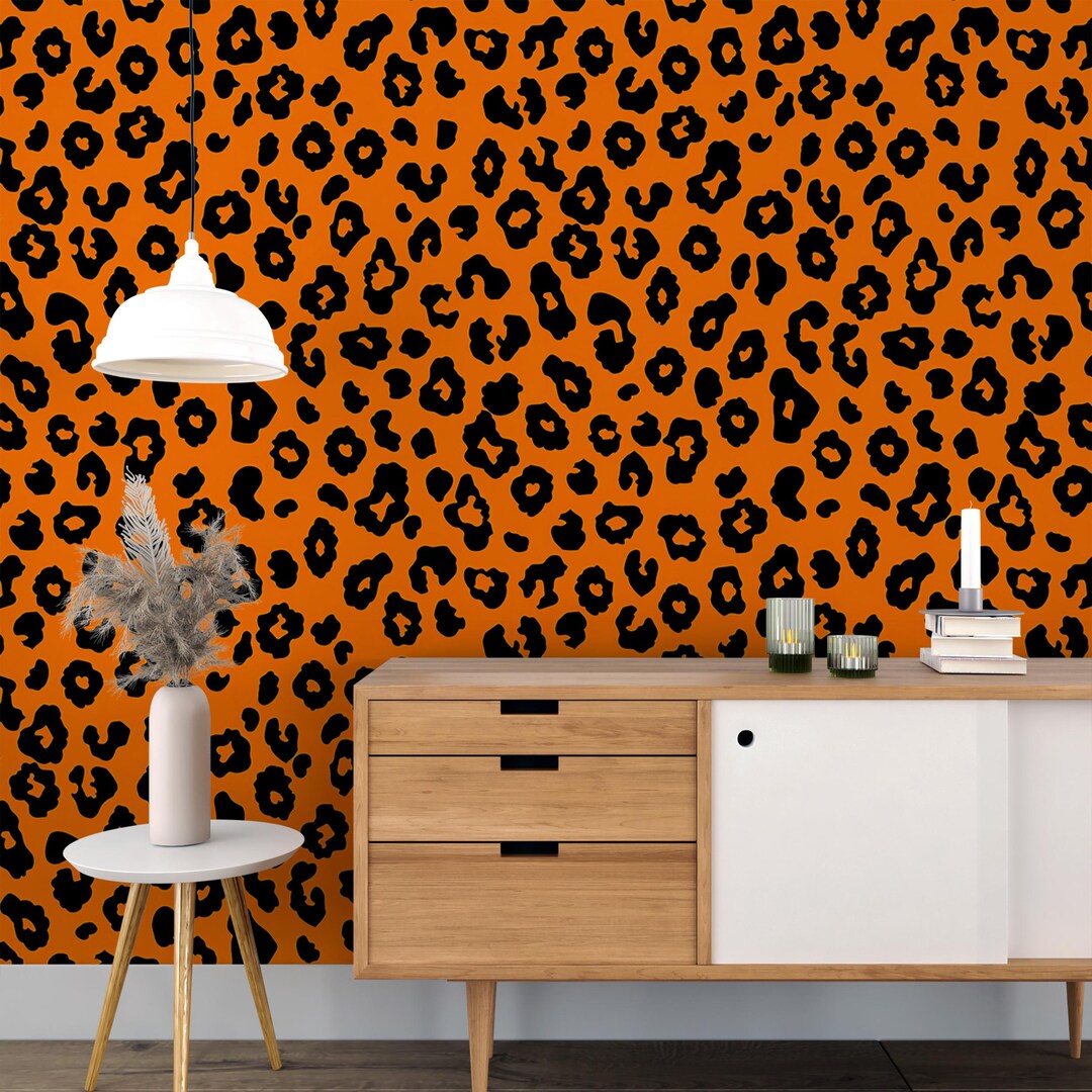 Bright Orange Leopard Print Wallpaper, Colorful Animal Pattern Wall ...