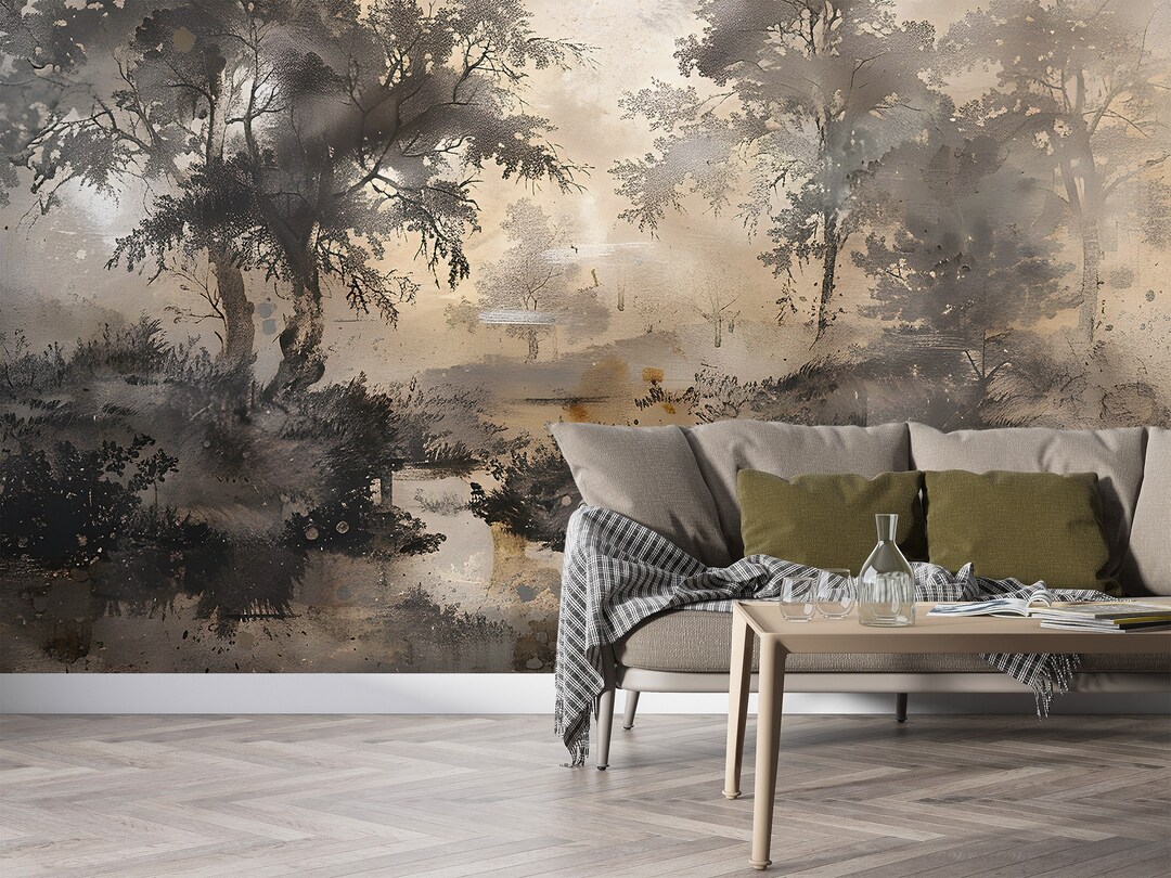 Watercolor Trees Vintage Style Mural, Rustic Forest Wallpaper, Old ...