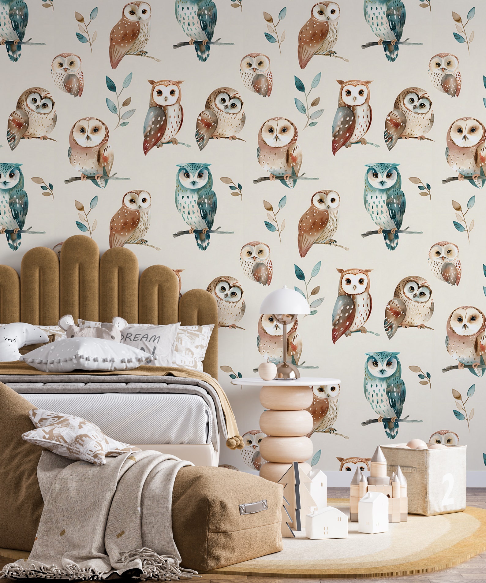 Watercolor Owls Mural, Nursery Owl Wallpaper, Peel and Stick Pastel ...