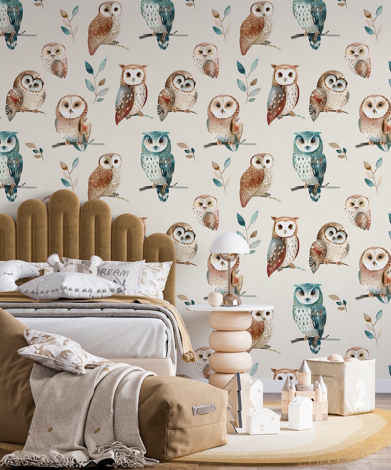 Watercolor Owls Mural, Nursery Owl Wallpaper, Peel and Stick Pastel ...