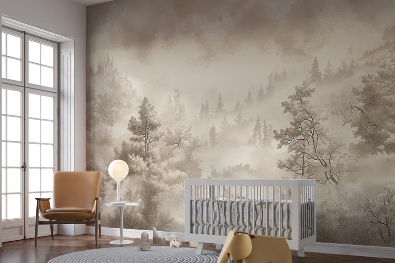 Beige Monochrome Forest Mural, Minimalist Pine Forest Art, Peel and ...
