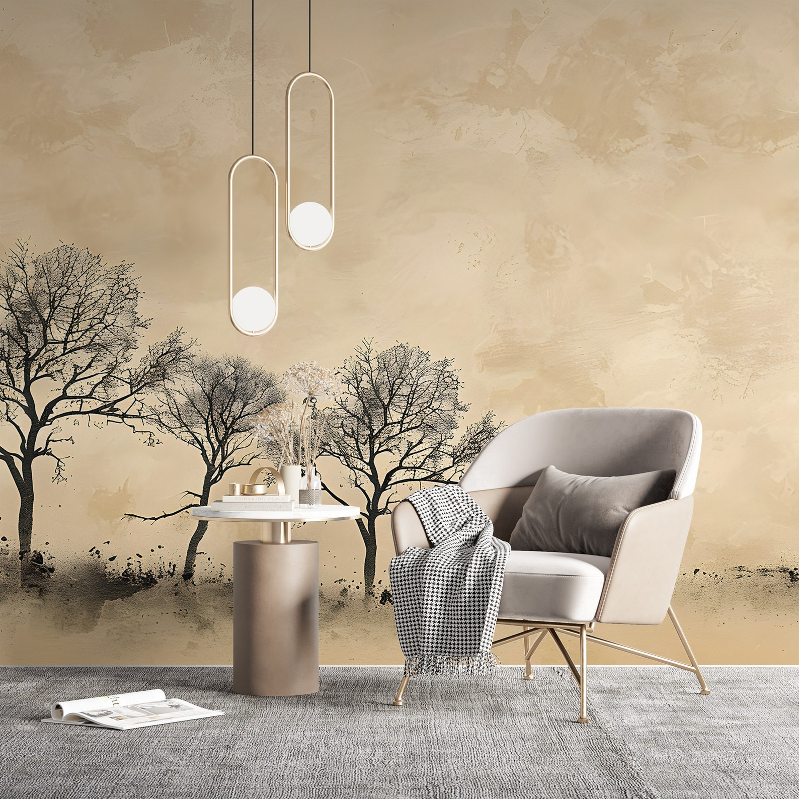 Trees on Beige Background Mural, Beige Decorative Plaster Wallpaper ...