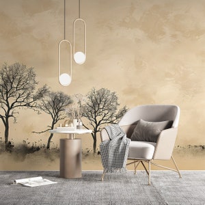 Trees on Beige Background Mural, Beige Decorative Plaster Wallpaper ...