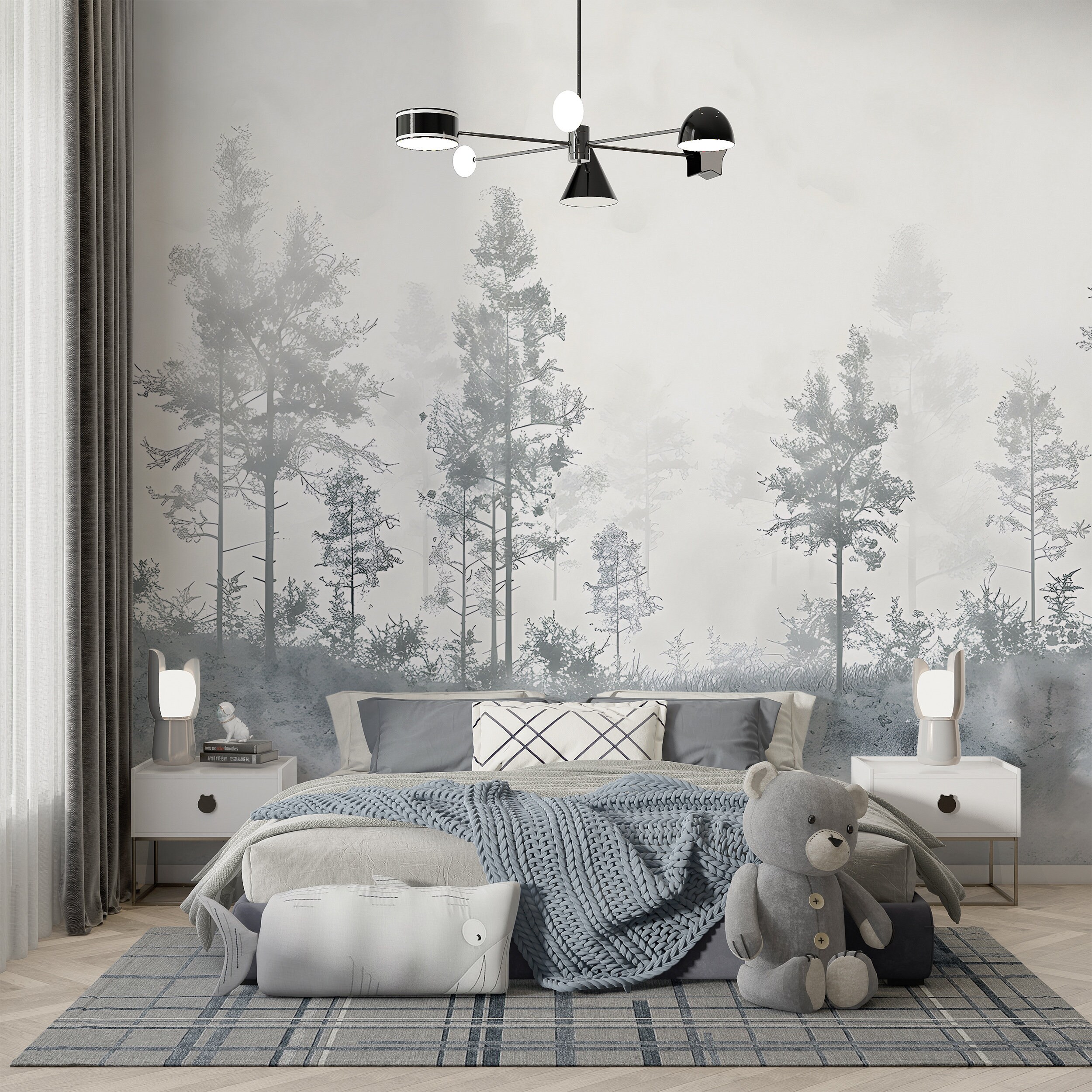 Timeless Monochrome Trees Mural, Vintage White and Grey Forest ...