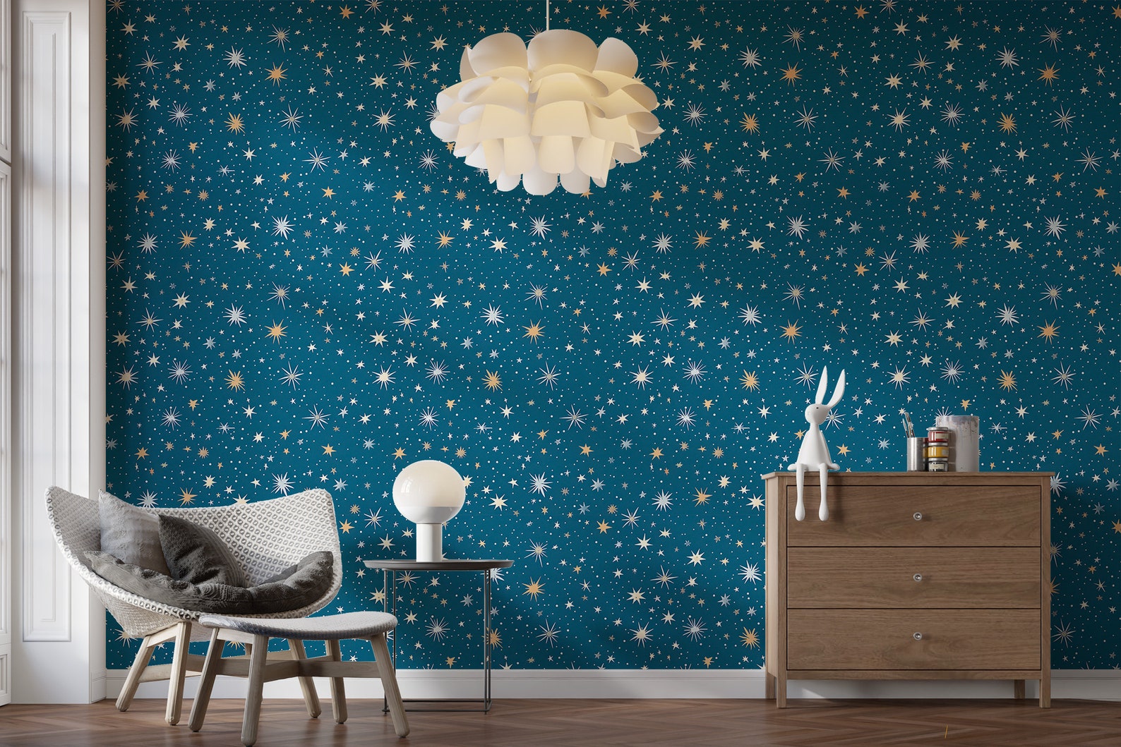Starry Night Wallpaper, White and Golden Stars Wall Decor, Stars in the ...