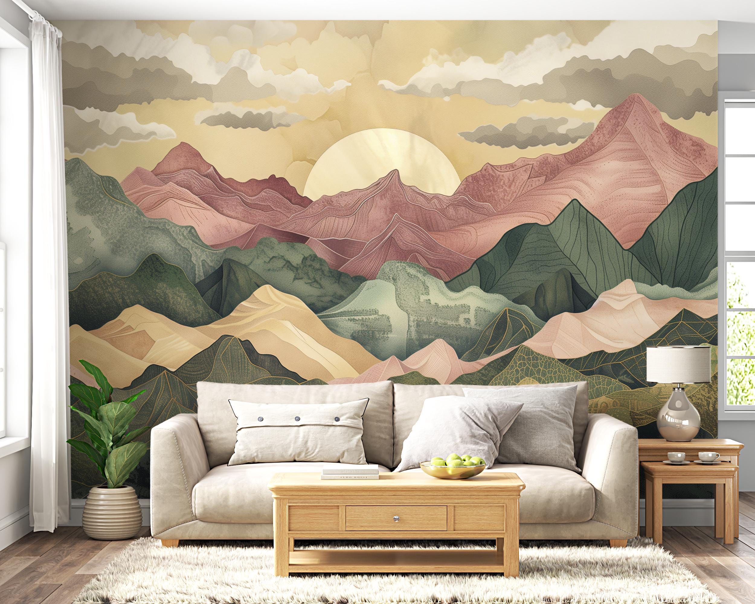 Colorful Mountains Mural, Peel and Stick Abstract Mountain Wallpaper ...