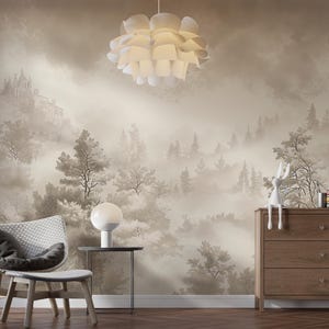 Beige Monochrome Forest Mural, Minimalist Pine Forest Art, Peel and ...