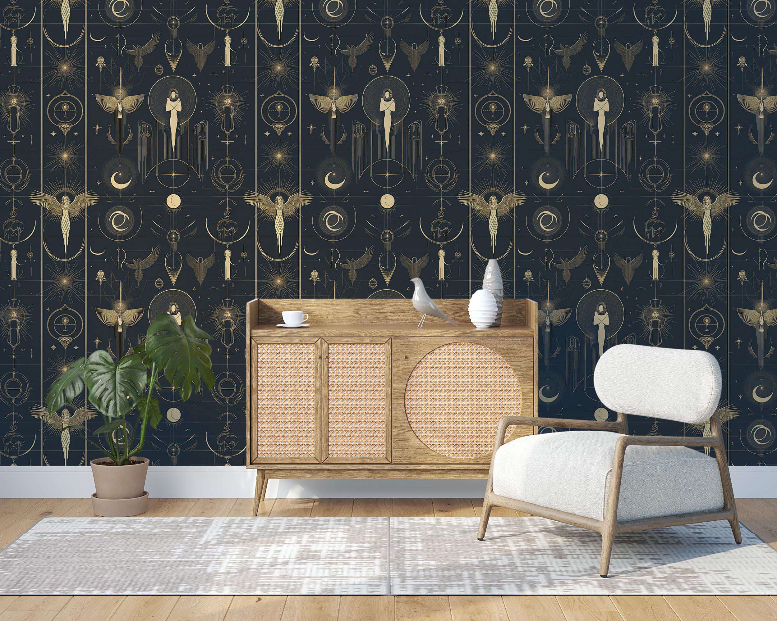 Dark Blue and Bronze Astrology Symbols Wallpaper, Celestial Wall Mural ...