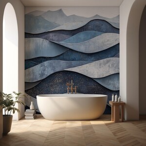 Blue Wavy Wall Mural, Abstract Line Art, Peel and Stick Geometry ...