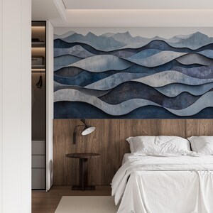 Blue Wavy Wall Mural, Abstract Line Art, Peel and Stick Geometry ...