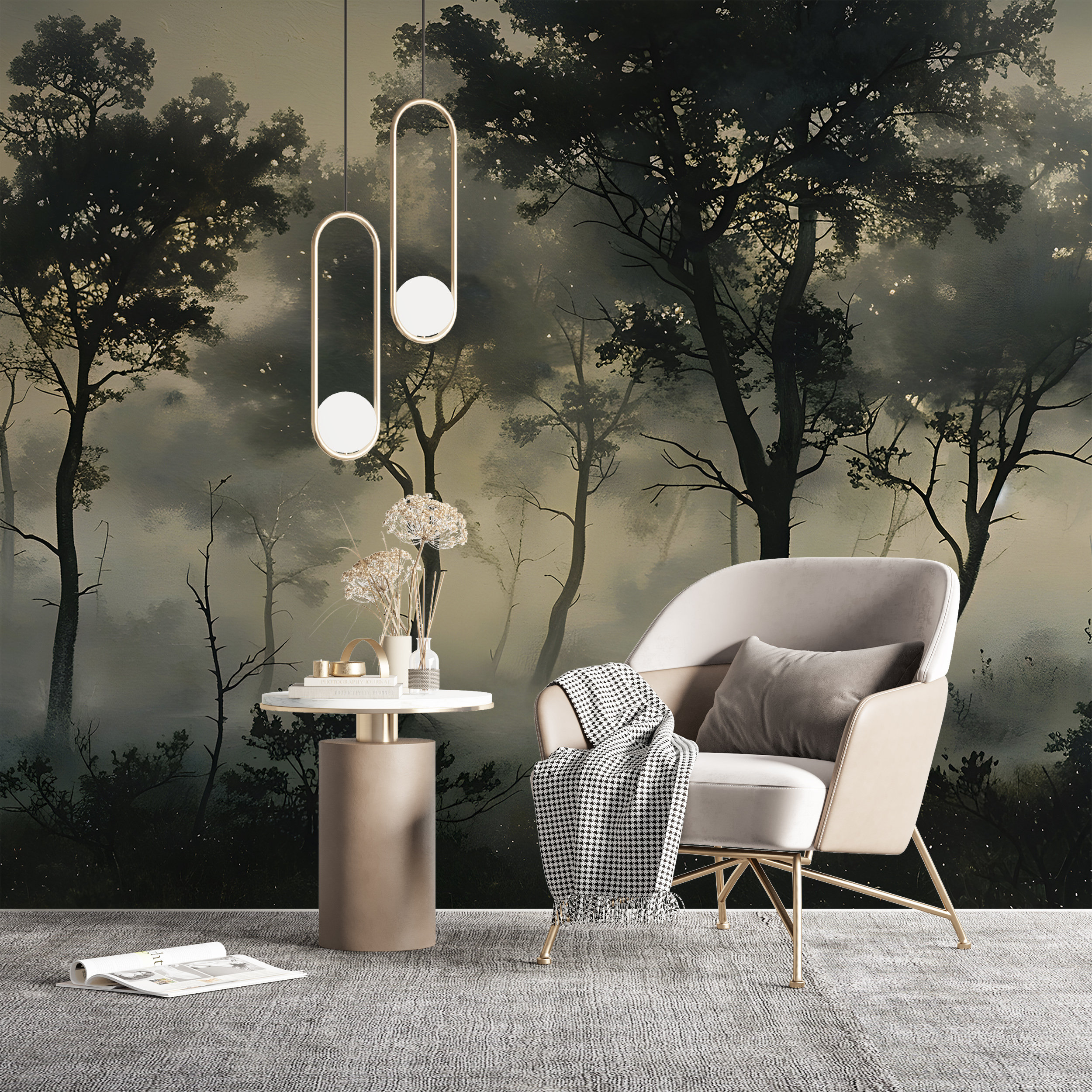 Dark Foggy Trees Vintage Mural, Peel and Stick Misty Forest Wallpaper ...