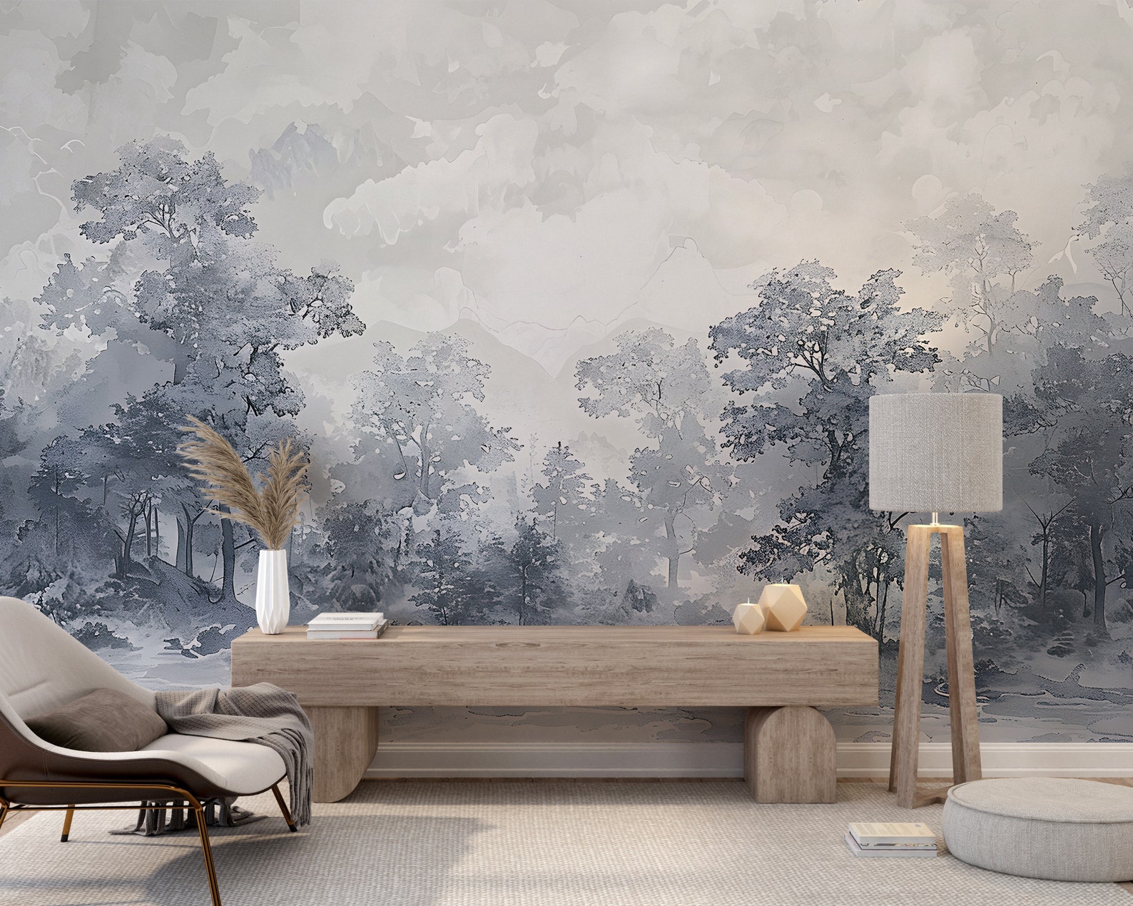 Watercolor Grey Forest Wallpaper, Monochrome Trees Mural, Peel and ...