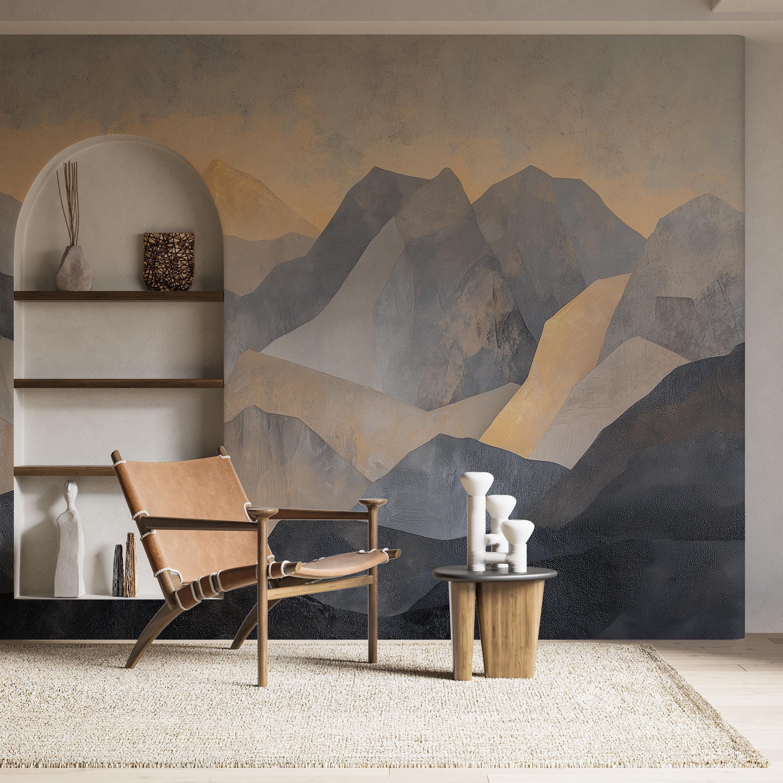 Soft Grey and Beige Mountains Mural, Watercolor Abstract Rock Mountain ...