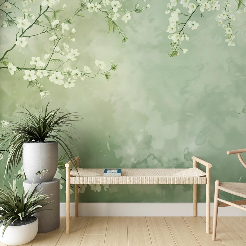 Soft Green Venetian Plaster Wall Mural, Minimalist Cherry Blossom ...