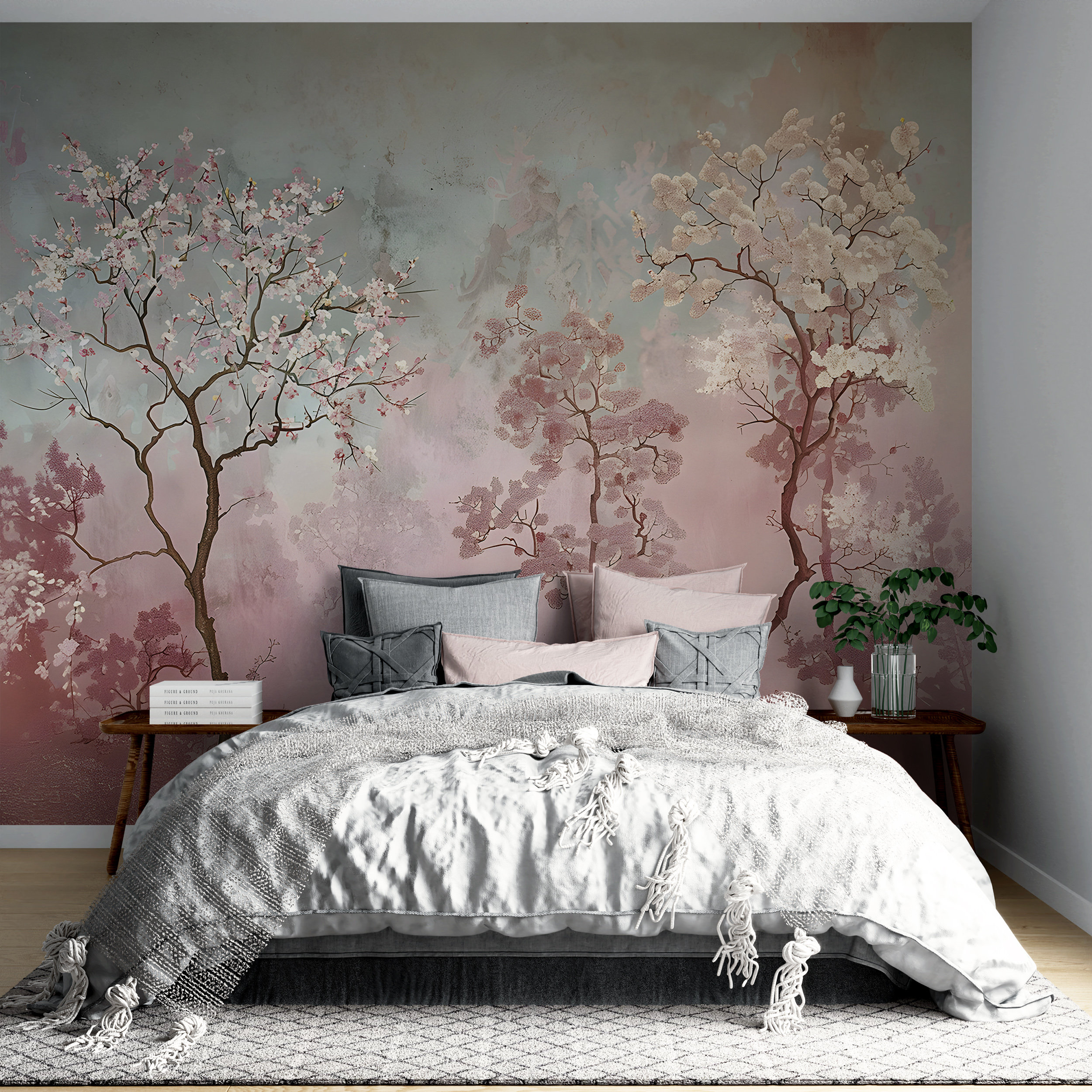 Muted Colors Trees Wallpaper, Soft Pink Watercolor Trees Wall Mural ...