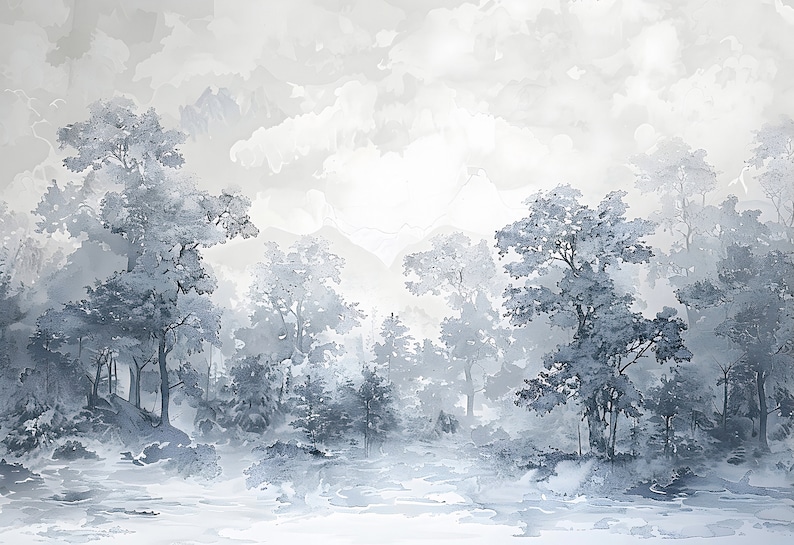 Watercolor Grey Forest Wallpaper, Monochrome Trees Mural, Peel and ...