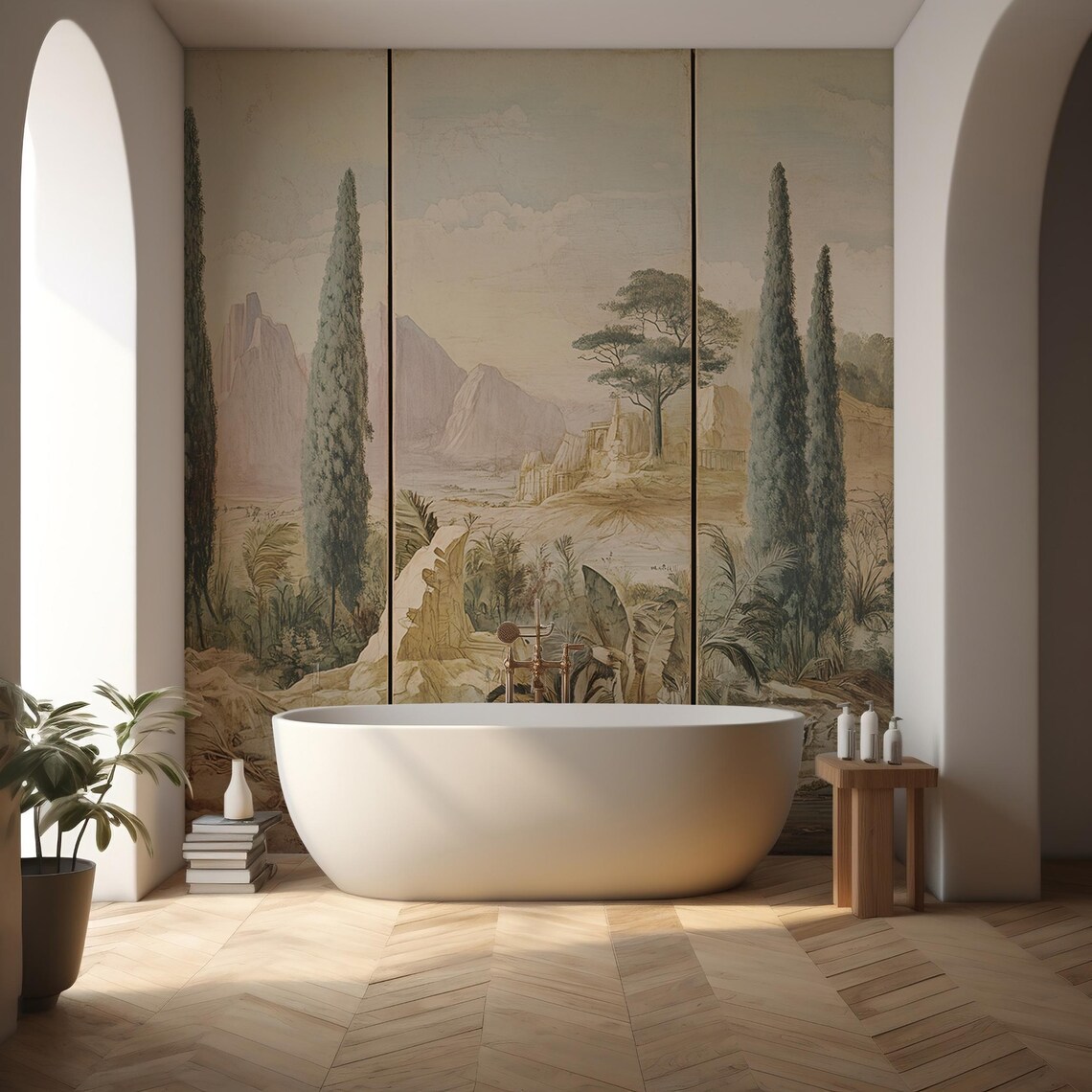 Ancient Vintage Landscape in Old Panels Style Mural, Old Greek Ruins ...