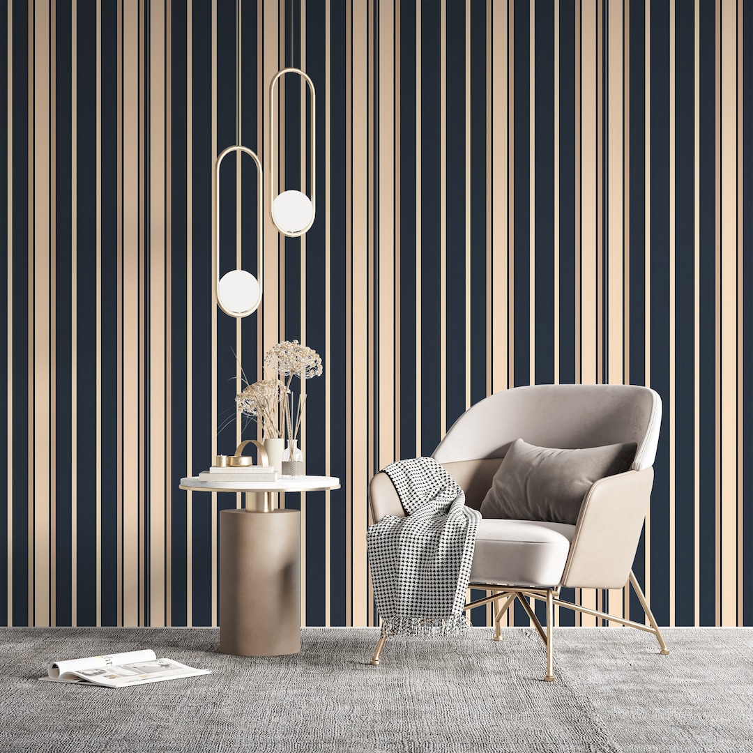 Navy Blue and Beige Striped Wallpaper, Classic Striped Wallpaper, Peel ...